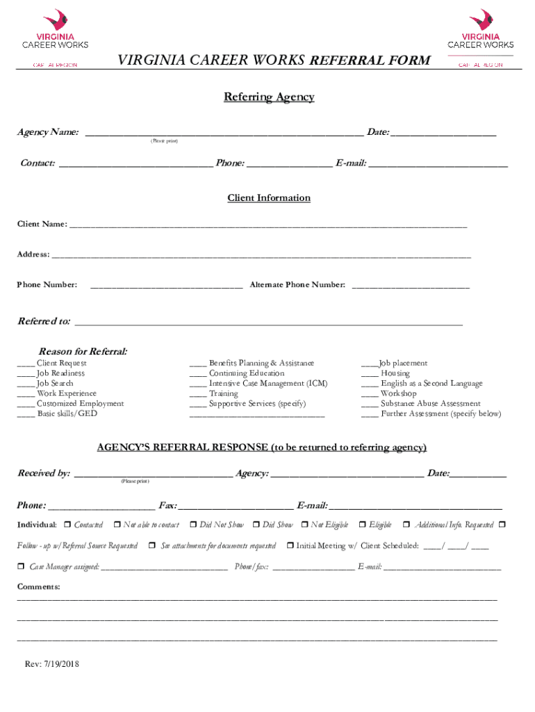 Fillable Online WORKFORCE DEVELOPMENT INNER NETWORKAGENCY REFFERAL FORM ...