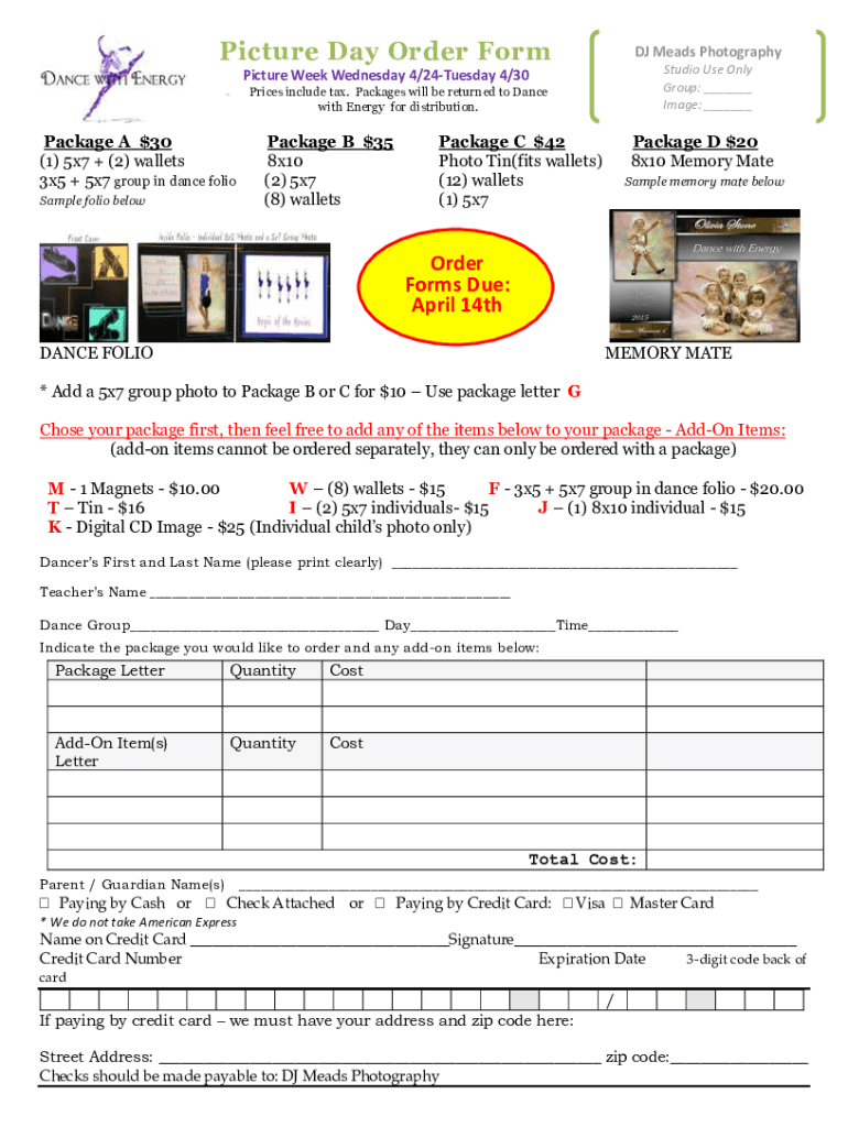 Fillable Online Picture Day Order Form DJ Meads Photography Picture ...
