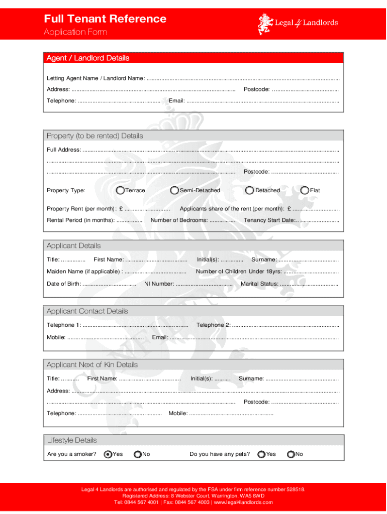 Fillable Online Full Reference Application Form - Estate Agents ...