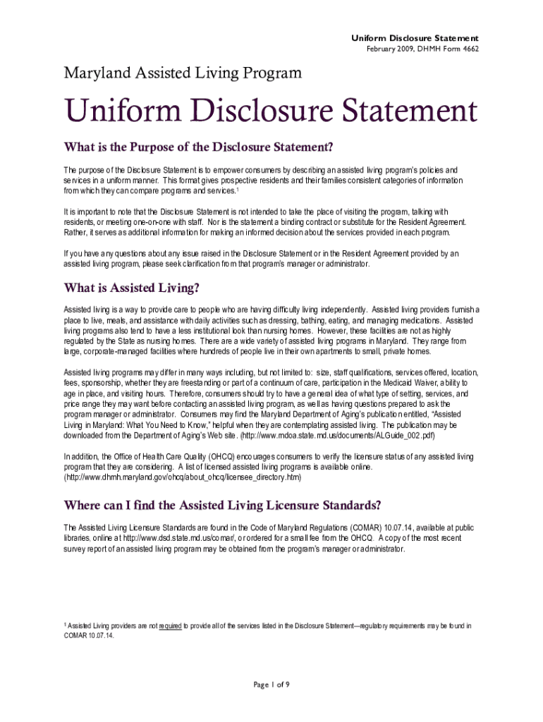 Fillable Online Uniform Disclosure Statement February 2009, DHMH Form ...
