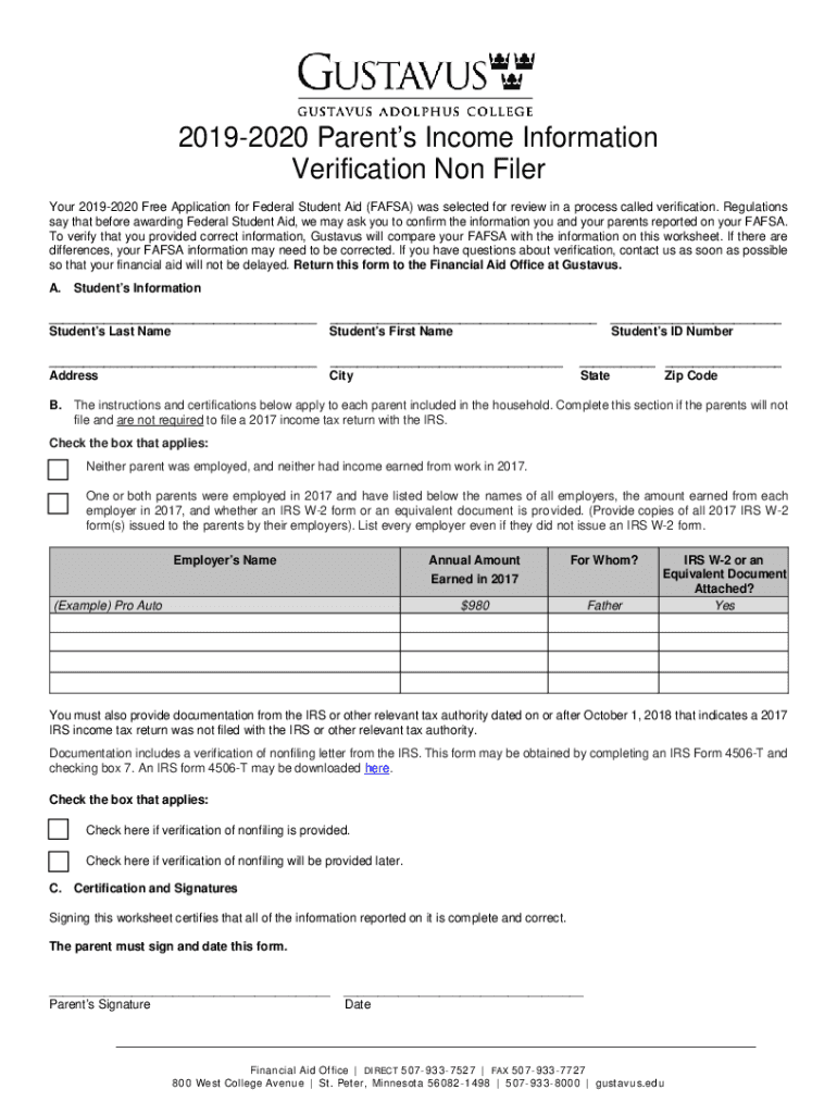 Fillable Online 2018-2019 Parents Income Information Verification Non ...