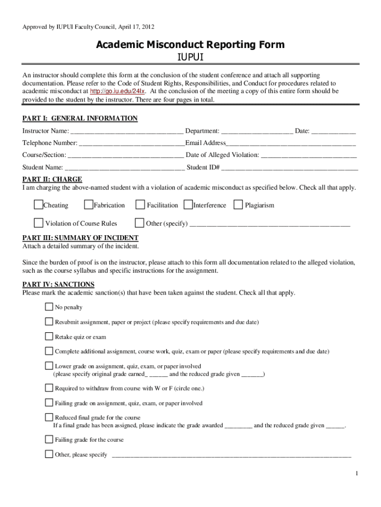 Fillable Online Academic Misconduct Reporting Form IUPUI - IUPUI ...