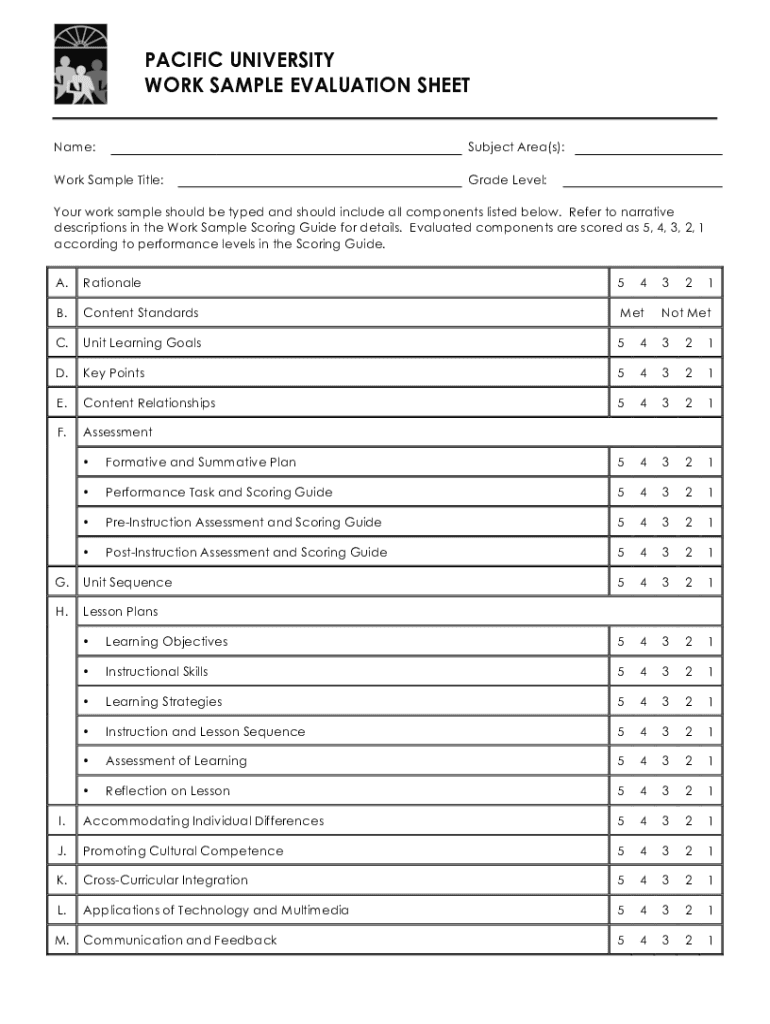 Fillable Online PACIFIC UNIVERSITY WORK SAMPLE EVALUATION SHEET Fax Email Print - pdfFiller