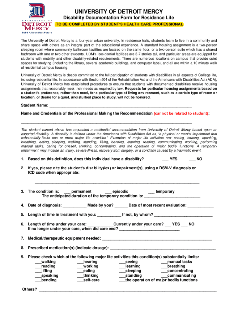 Fillable Online UNIVERSITY OF DETROIT MERCY Disability Documentation ...