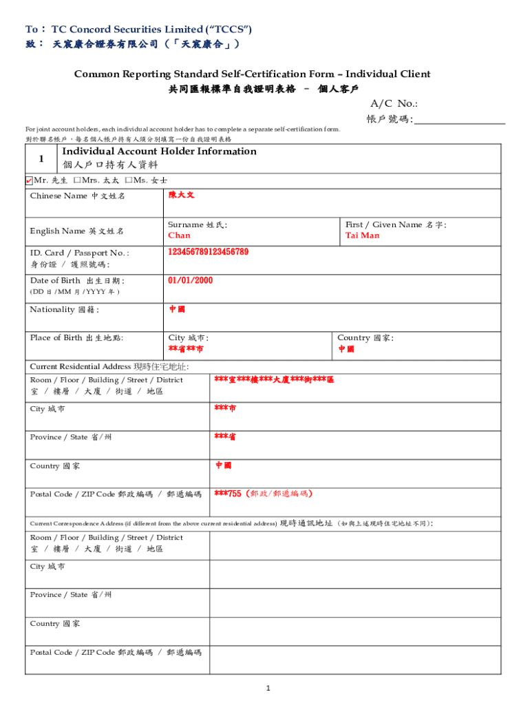 Fillable Online Common Reporting Standard Self-Certification Form ...