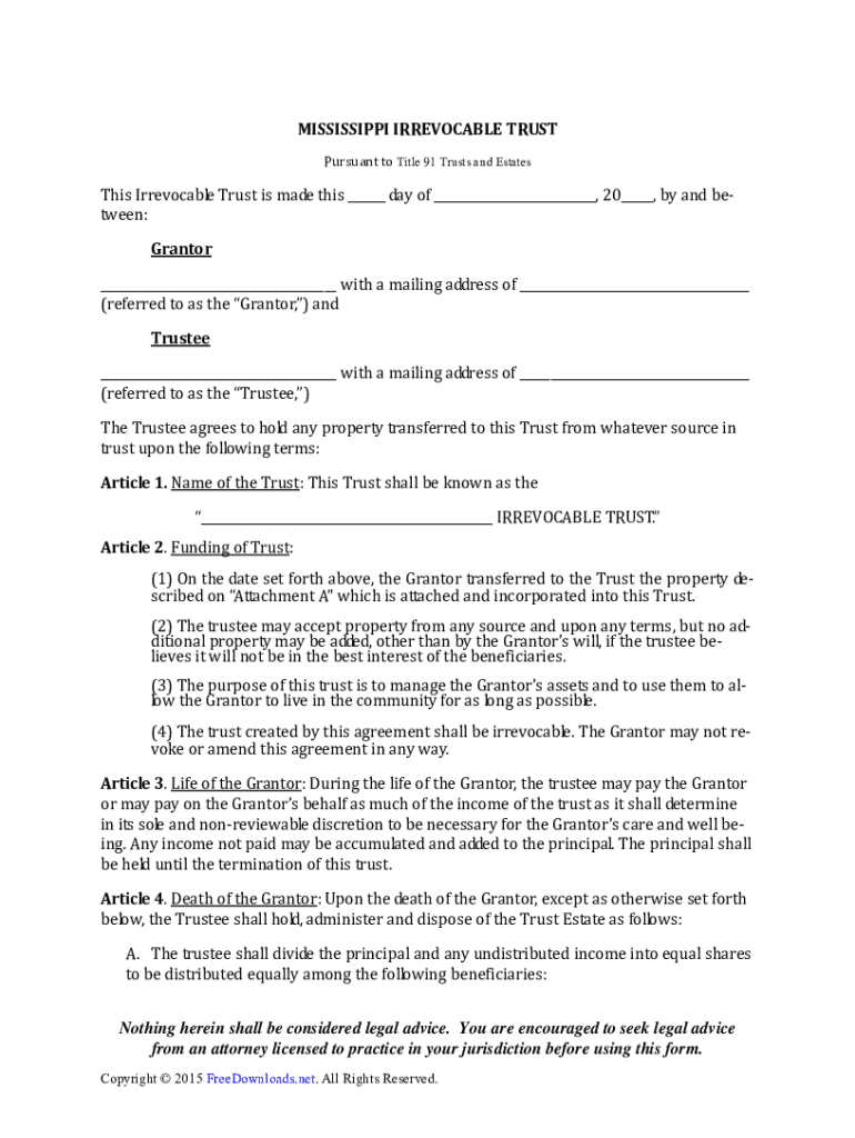 Fillable Online Free Mississippi Revocable Living Trust Form - PDF Word ...