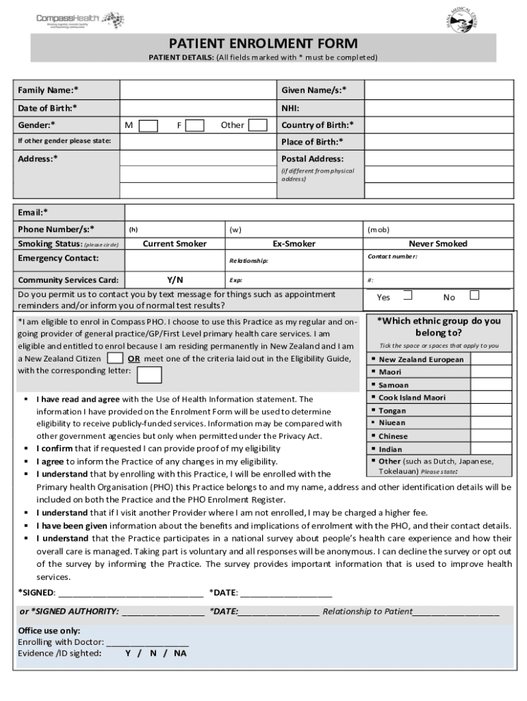 Fillable Online ONSLOW MEDICAL CENTRE - PATIENT ENROLMENT FORM Fax ...