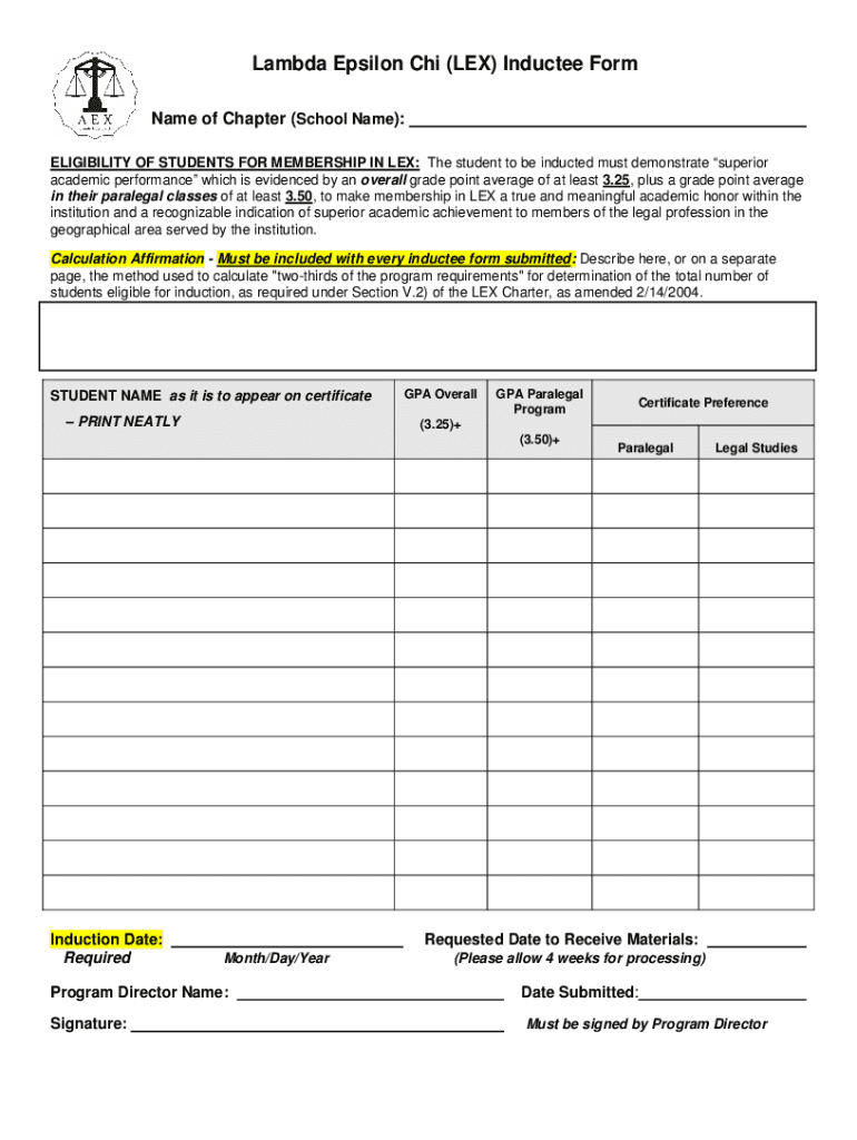 Fillable Online Lambda Epsilon Chi (LEX) Inductee Form - AAfPE Fax Email Print - pdfFiller
