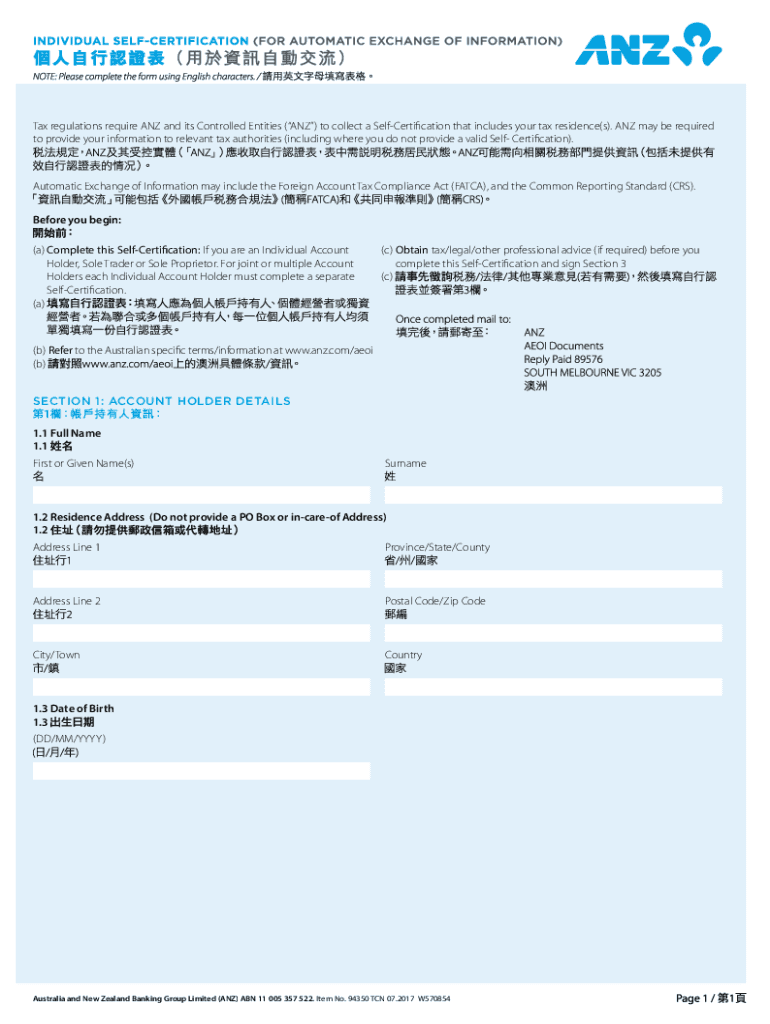 Fillable Online ENTITY SELF-CERTIFICATION (FOR AUTOMATIC ... - ANZ ...