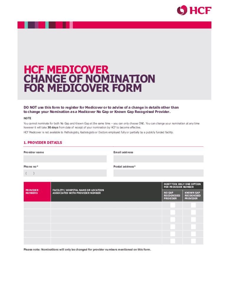 Fillable Online Change of Nomination Form - HCF Health Insurance Fax ...