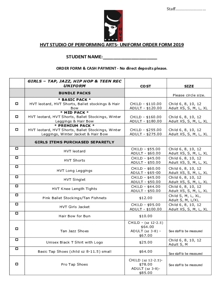 Fillable Online HVT School Age Uniform order form 2019 - HVT Studio of ...