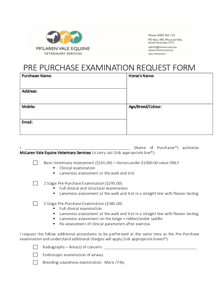 Fillable Online PRE PURCHASE EXAMINATION REQUEST FORM - McLaren Vale ...