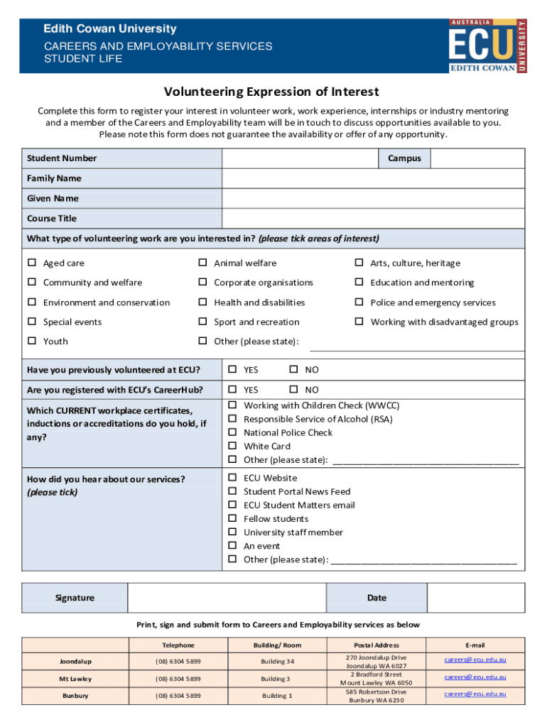 Fillable Online Volunteering Expression of Interest - Edith Cowan University Fax Email Print ...