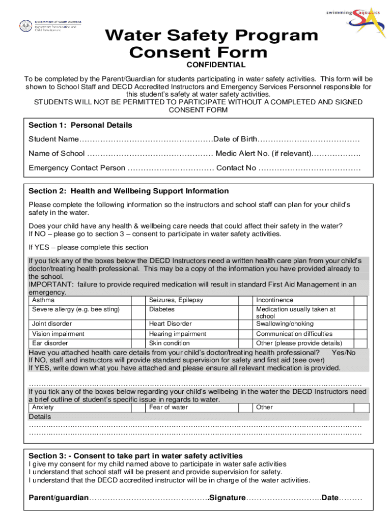 Fillable Online cleveas sa edu Swimming and Aquatics consent form. A ...