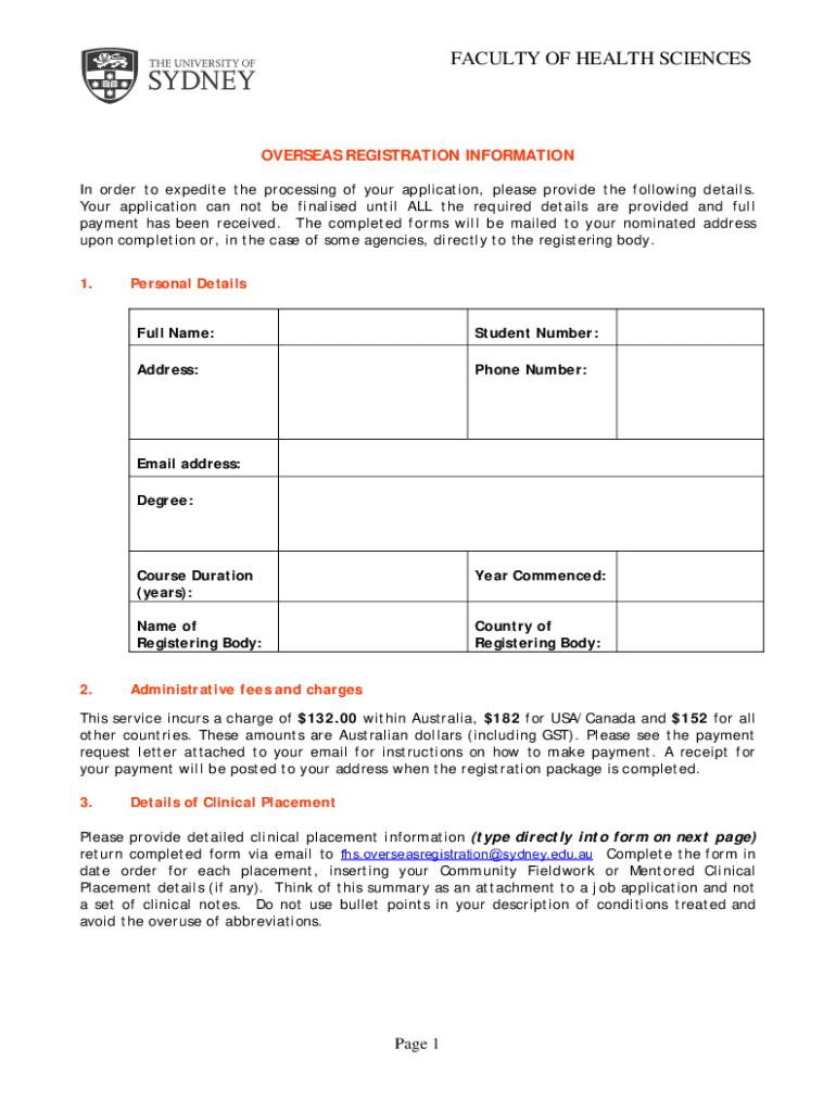 Fillable Online sydney edu FHS Overseas Registration Form Fax Email ...