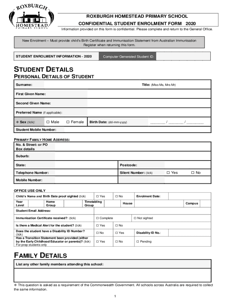 Fillable Online Student Enrolment Form - Roxburgh Homestead PS Fax Email Print - pdfFiller