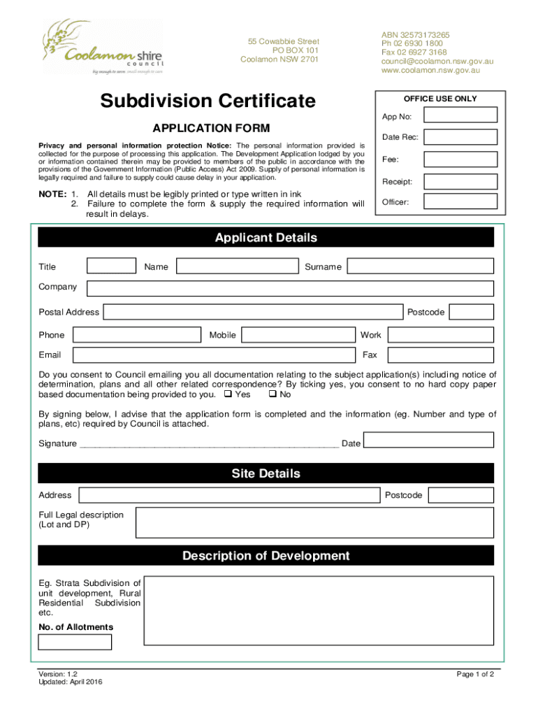 Fillable Online Subdivision Certificate OFFICE USE ONLY - Coolamon ...