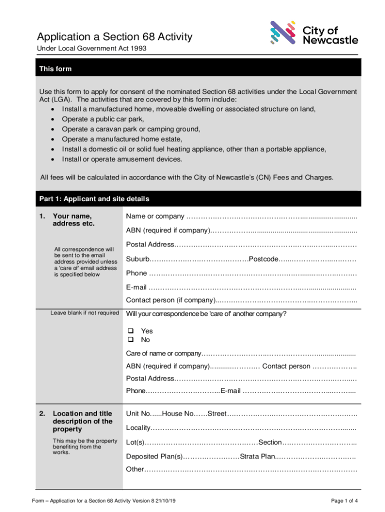 Fillable Online Activity Application Form - Section 68 - Local Government Act ... Fax Email ...
