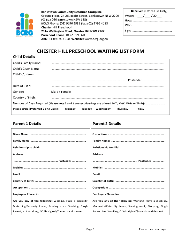 Fillable Online BCRG Preschool Waiting List Form Mar 2019.docm Fax ...