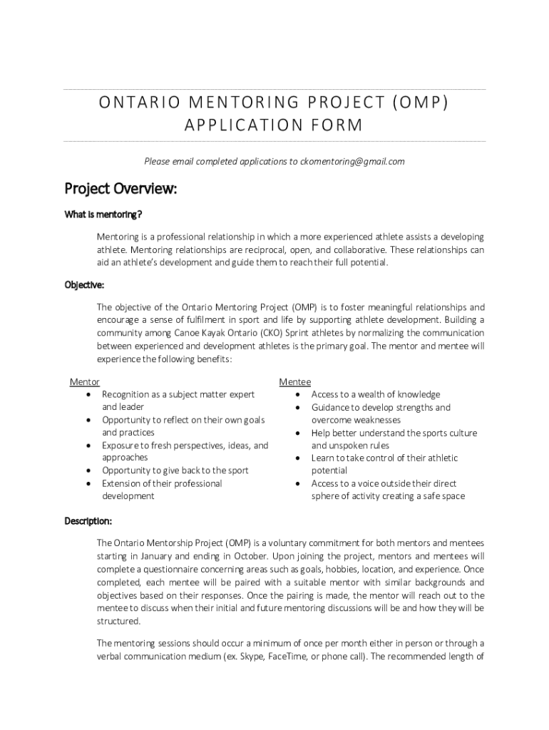 Fillable Online ONTARIO MENTORING PROJECT (OMP) APPLICATION FORM Fax ...