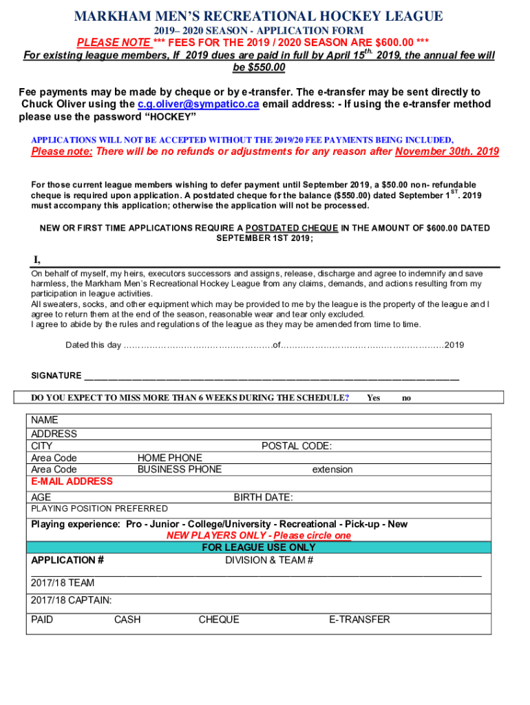 Fillable Online Regular Season - Markham Mens Recreational Hockey ...