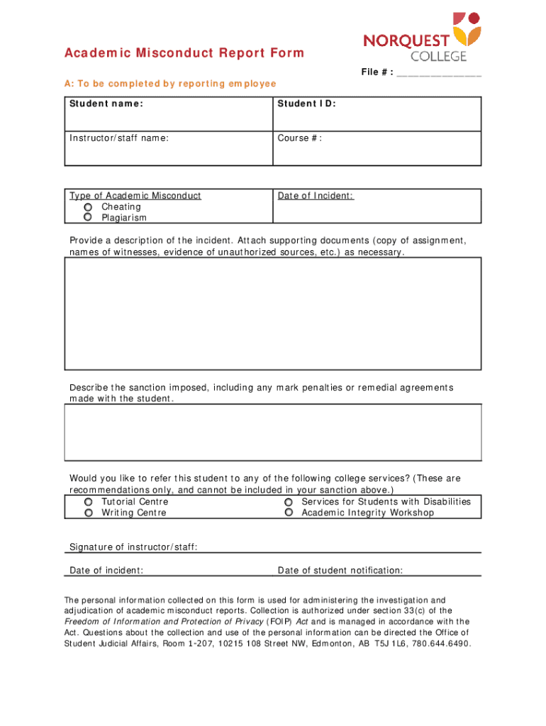 Fillable Online Academic Misconduct Report Form - NorQuest College Fax ...