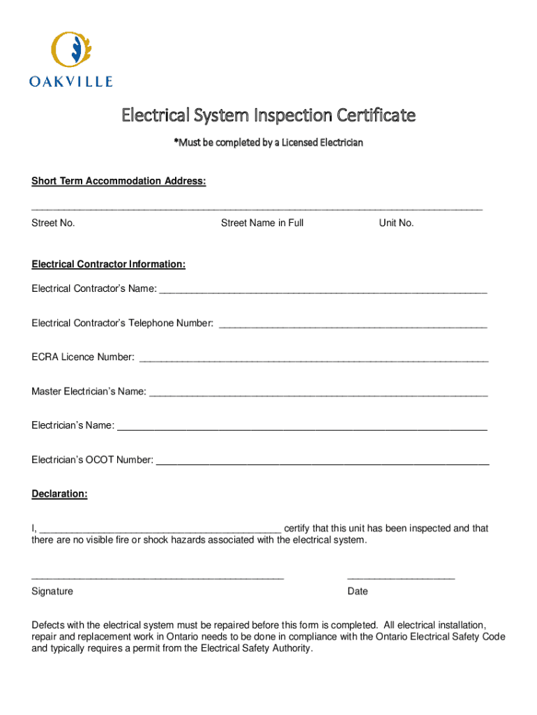Fillable Online Electrical System Inspection Certificate - Oakville Fax ...