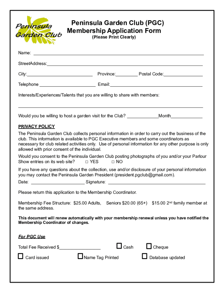 Fillable Online Peninsula Garden Club (PGC) Membership Application Form ...