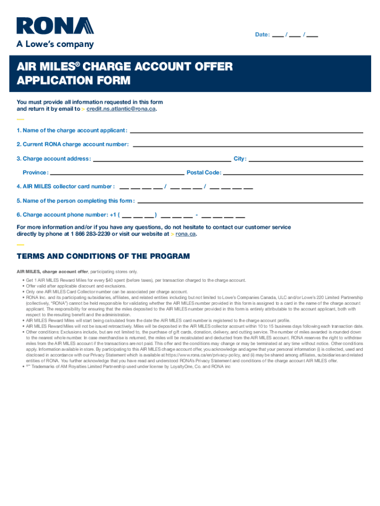 Fillable Online AIR MILES CHARGE ACCOUNT OFFER APPLICATION FORM - Rona, Inc. Fax Email Print ...