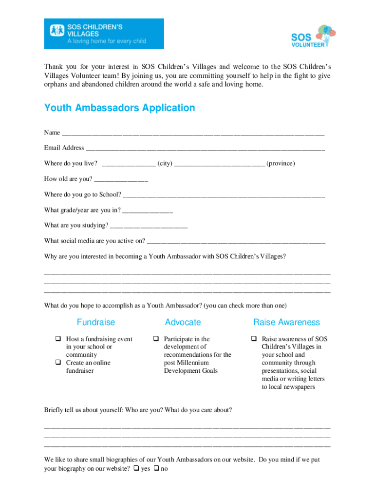 Fillable Online Youth Ambassadors Application - SOS Children's Villages ...