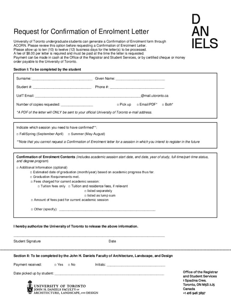 University of Toronto Confirmation of Enrolment Letter - Blank Fillable ...