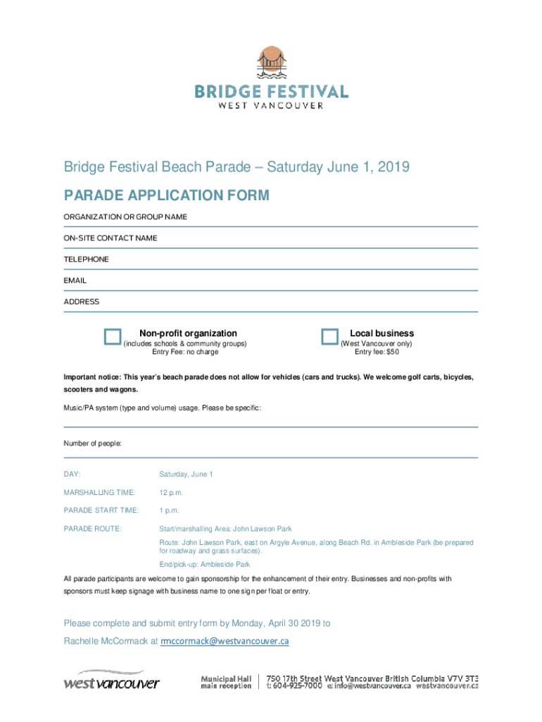 Fillable Online 2019 Bridge Festival Parade Application Form Fax Email ...