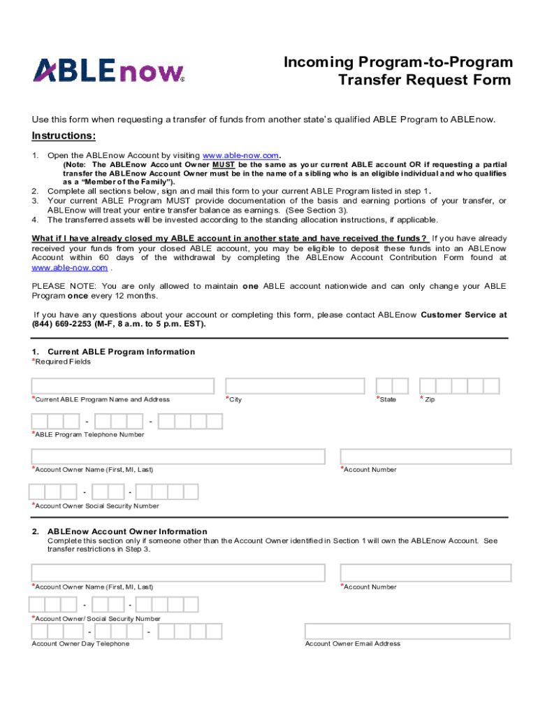 Fillable Online ABLEnow Incoming Transfer Form Fax Email Print - pdfFiller