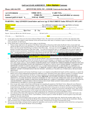 Fillable Online 2018 GOLF CART RENTAL FORM two sided with name cart no ...