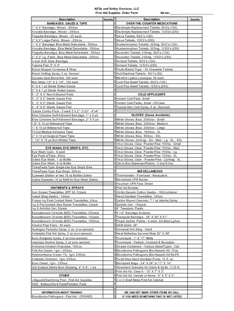 Fillable Online First Aid Order Form AEDs Safety Services Rev 10-2018 ...
