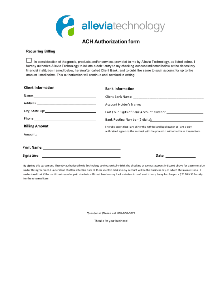 Fillable Online Recurring ACH Credit Authorization Form Fax Email Print ...