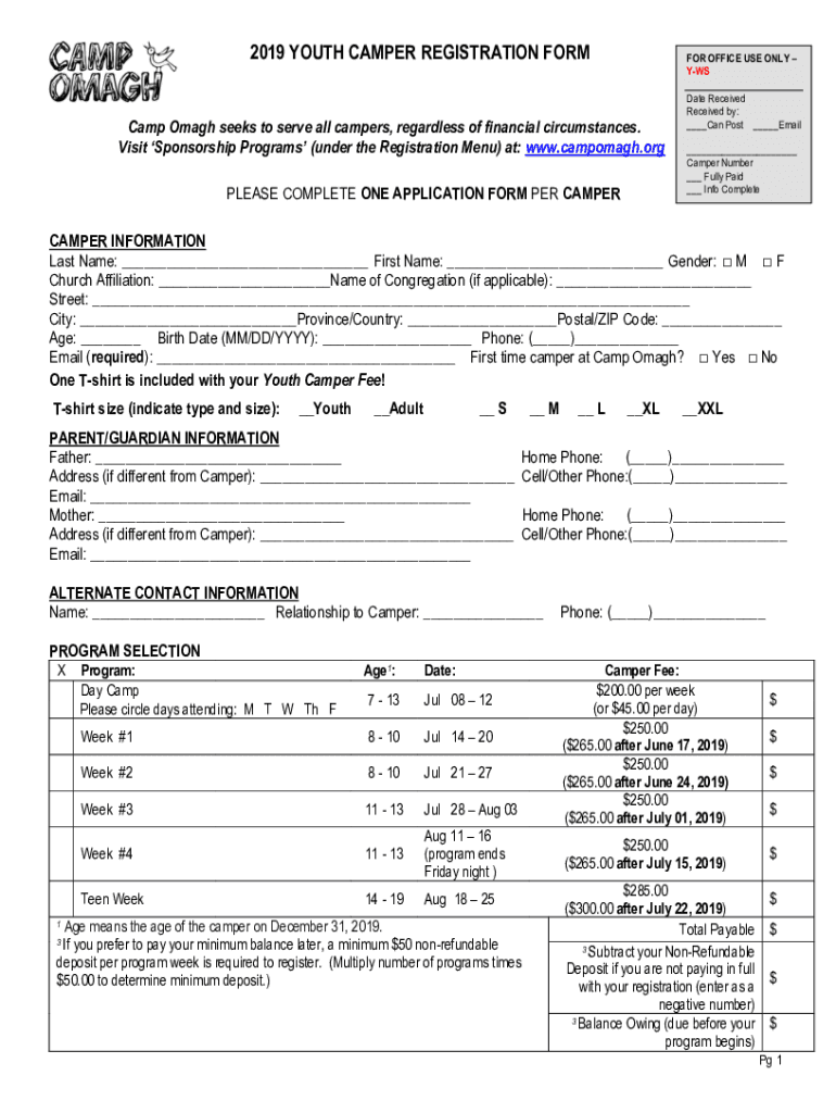 Fillable Online 2019 YOUTH CAMPER REGISTRATION FORM Fax Email Print ...