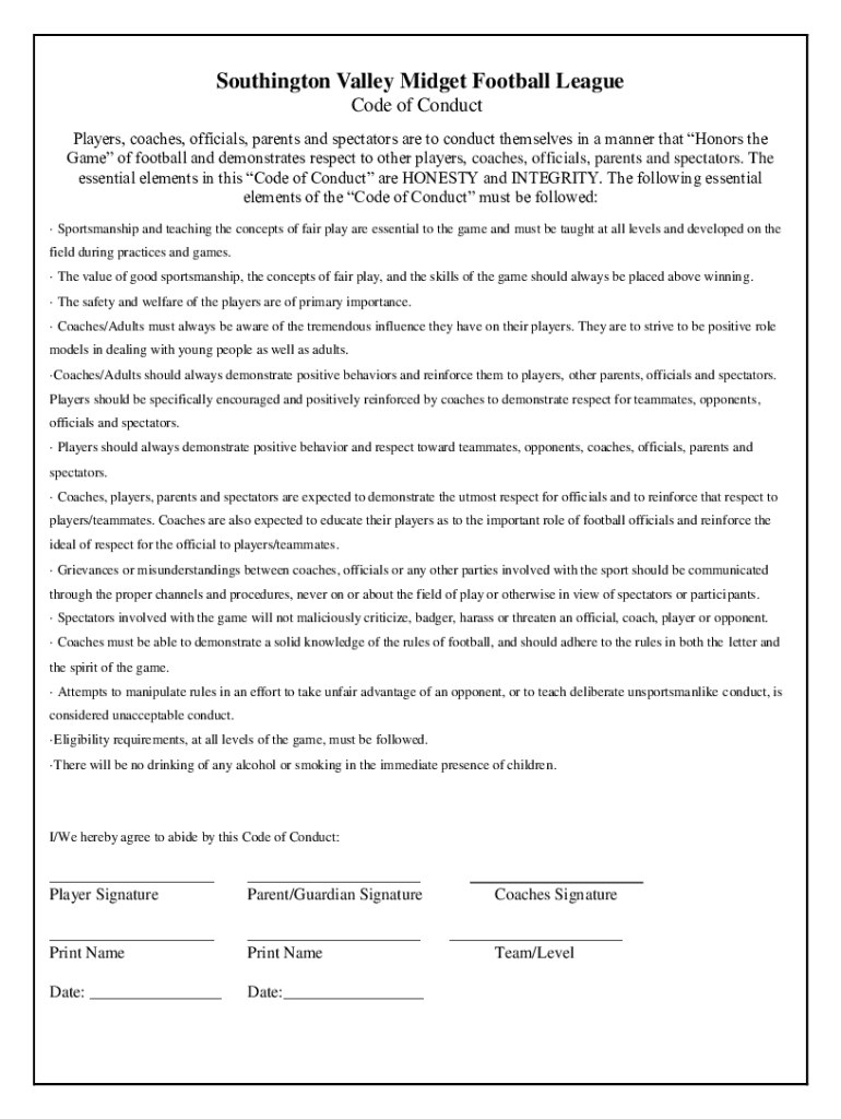 Fillable Online Southington Valley Midget Football League Code of ...