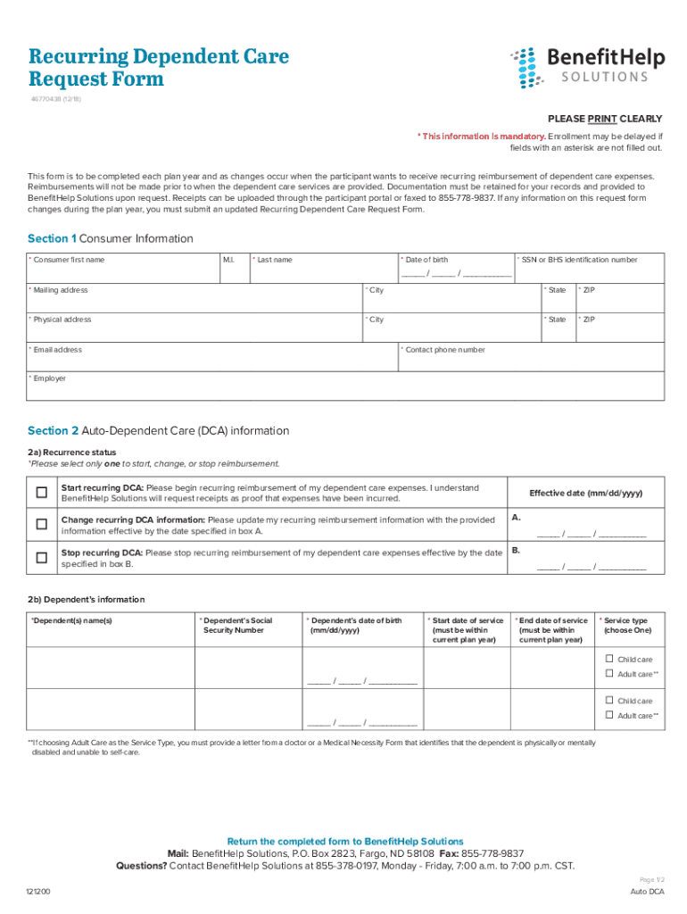 Fillable Online Recurring Dependent Care Request Form - Group Benefits ...