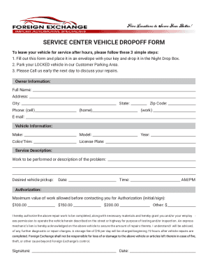 Fillable Online SERVICE CENTER VEHICLE DROPOFF FORM Fax Email Print ...