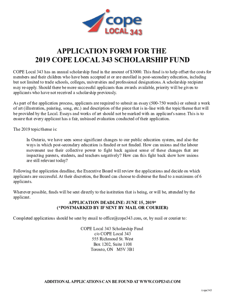 Fillable Online APPLICATION FORM FOR THE 2020 COPE LOCAL 343 ...
