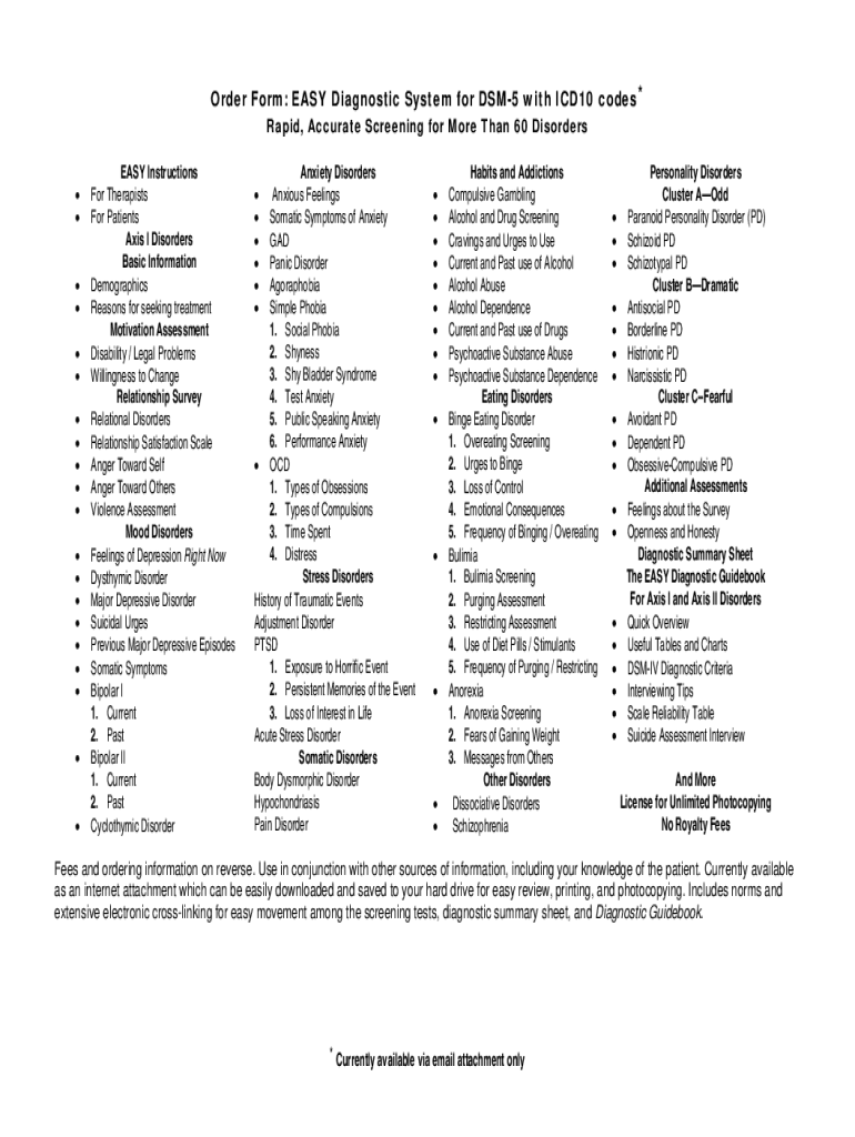 Fillable Online Order Form: EASY Diagnostic System for DSM-5 with ICD10 ...