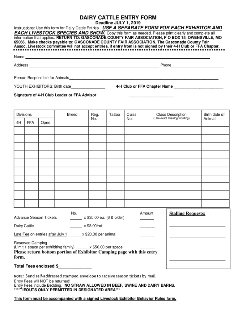 Fillable Online DAIRY CATTLE ENTRY FORM Deadline JULY 1, 2020 Use this ...