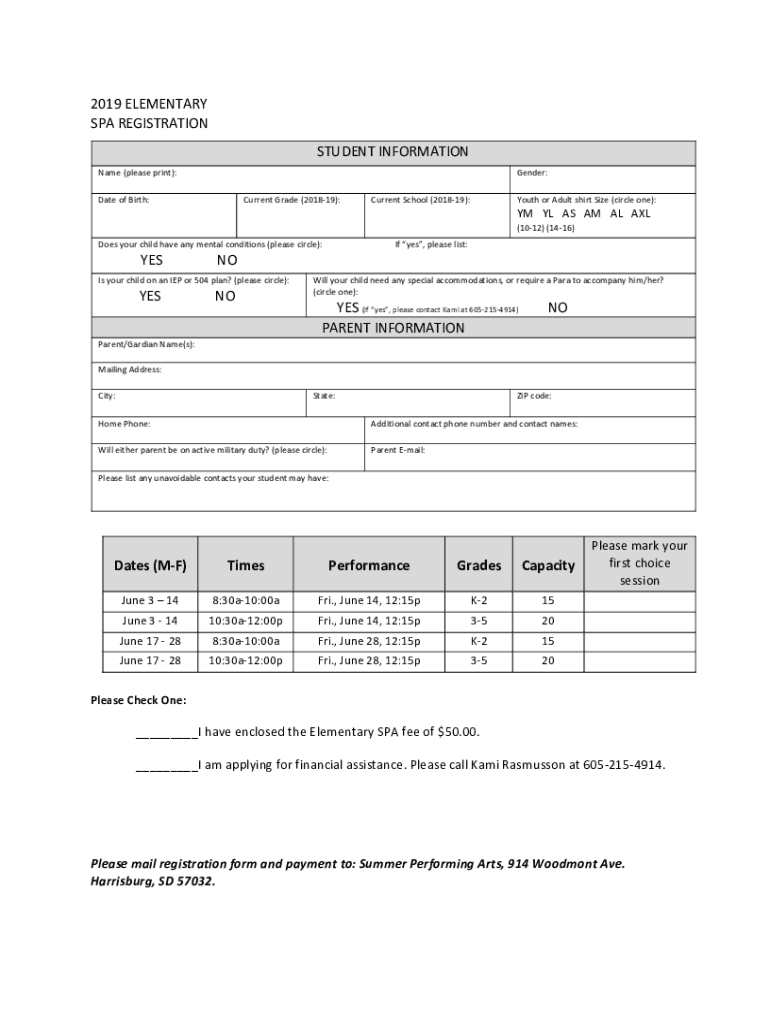 Fillable Online 2019 Elementary SPA registration form.docx Fax Email ...