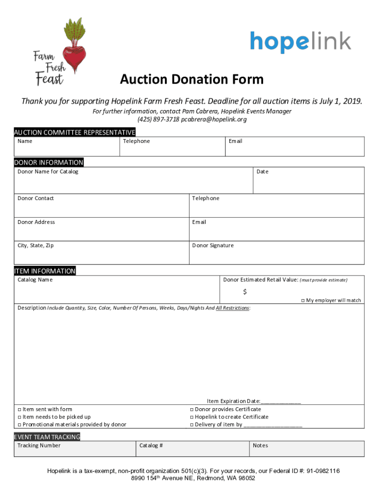 Fillable Online Auction Donation Form - Hopelink Fax Email Print ...