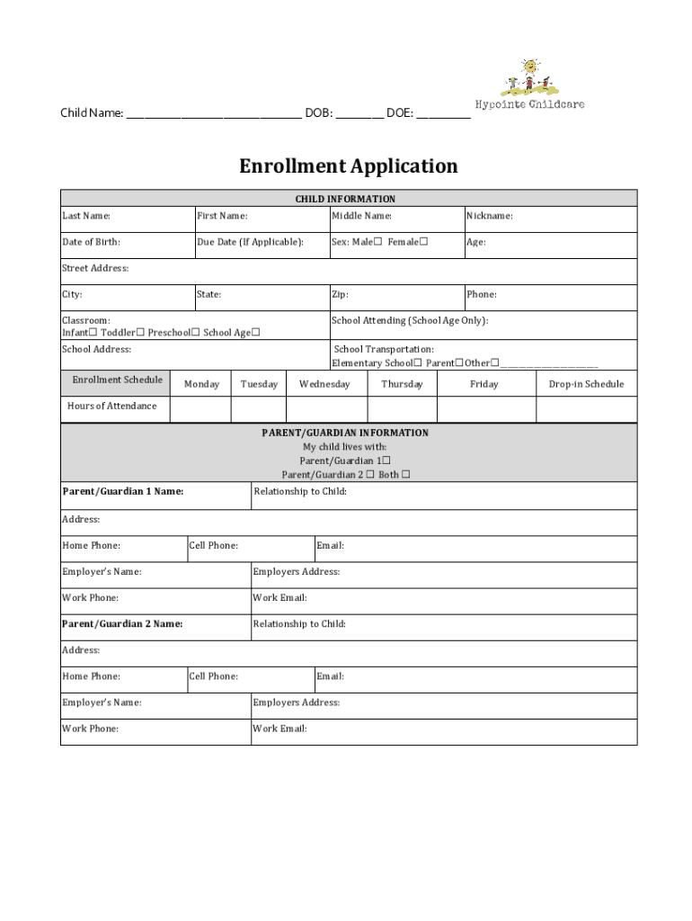 Fillable Online Enrollment Application - Hypointe Childcare Fax Email ...