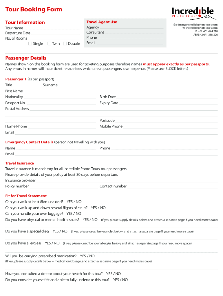 Fillable Online Passenger Details - Incredible Photo Tours Fax Email ...
