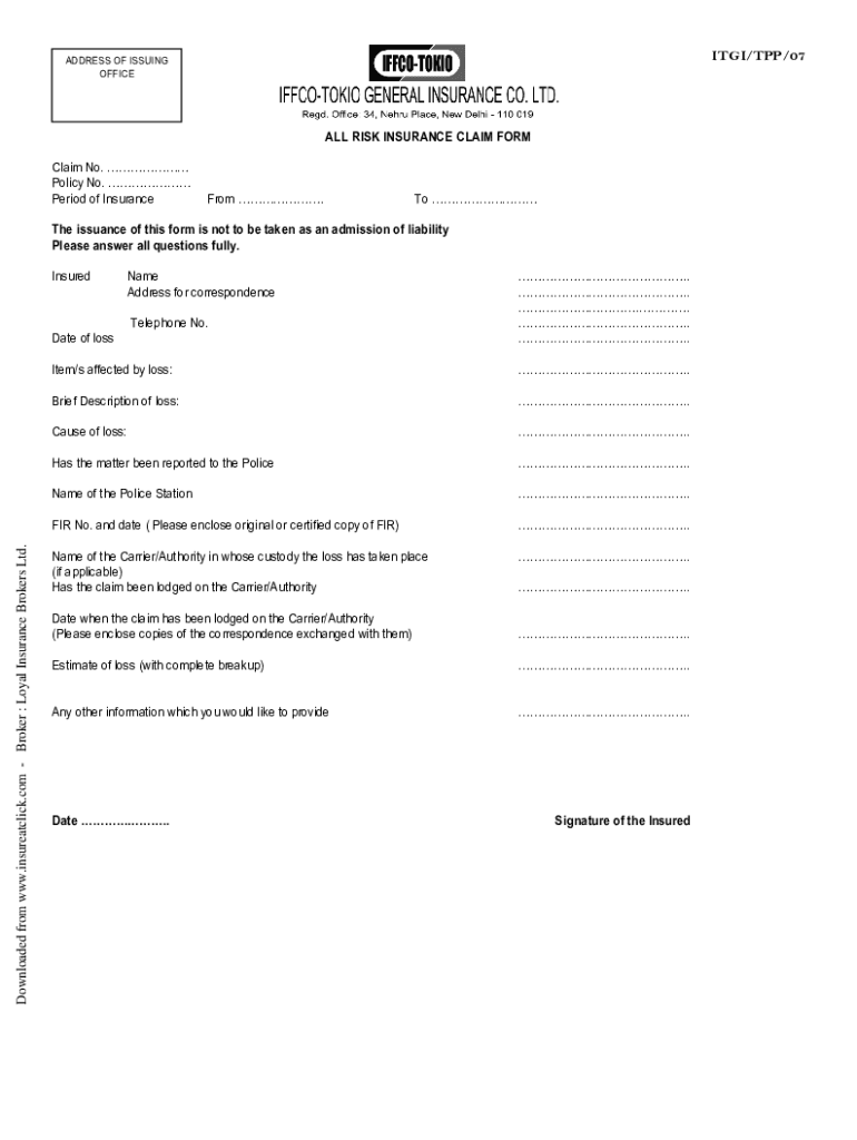 Fillable Online Download iffco-tokio All-Risk claim-form. Download ...