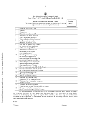 Fillable Online Download Oriental Insurance Money in transit Claim Form ...