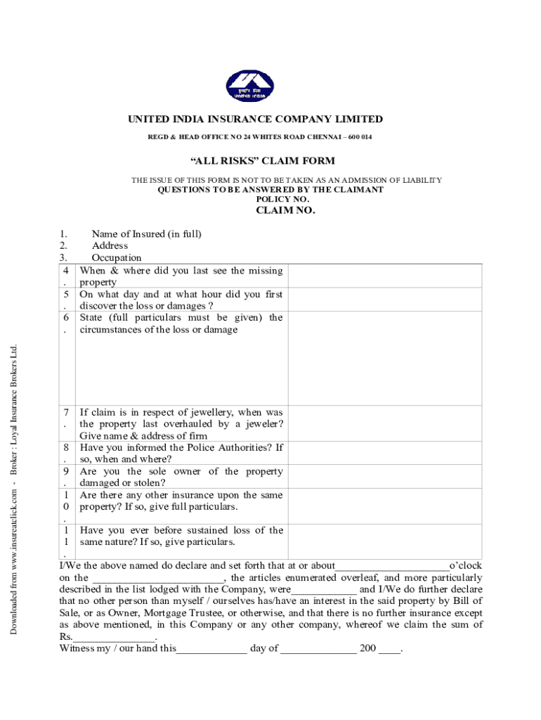 Fillable Online Download united-india All-Risk claim-form. Download ...